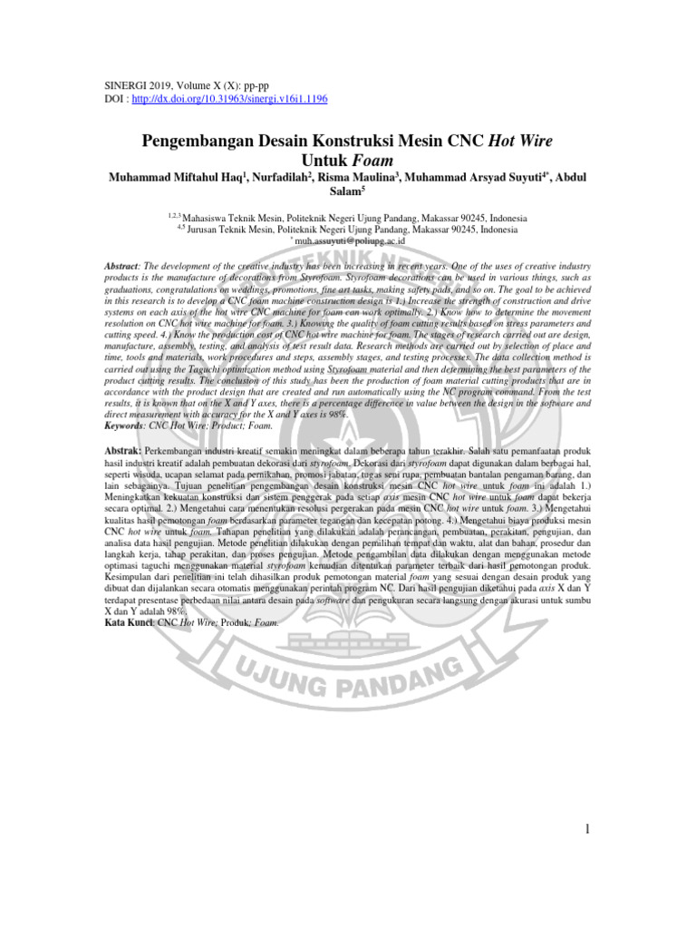 Artikel Pengembangan Desain Konstruksi Mesin CNC Hot Wire Untuk Foam. | PDF