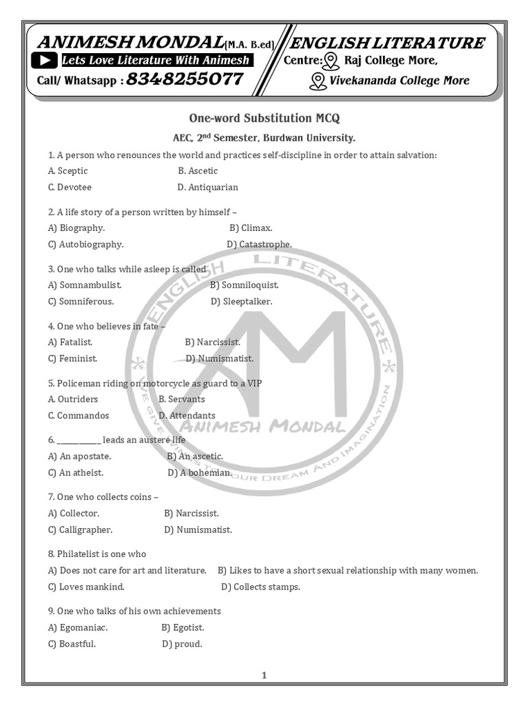 One word Substitution MCQ | PDF