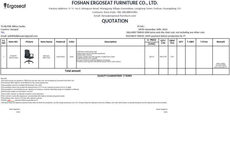 ERGOSEAT Furniture Office Chair Quotation To Bikiso Sonko 241130 (2024 ...