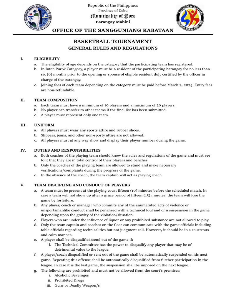 SK Mabini Basketball Tournament Rules and Regulations | PDF | Sports ...