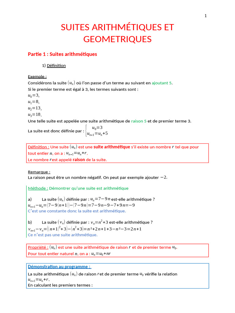 Cours suites arithmétiques et géométriques complété | PDF ...