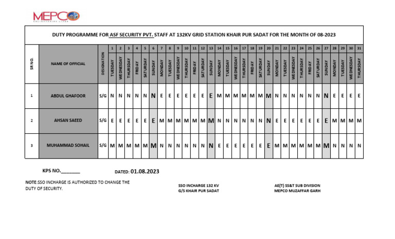 Kps Duty Roaster 08-2023 Security | PDF