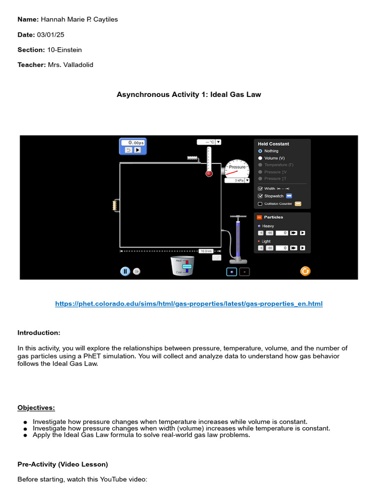Ideal Gas Law Simulation Activity | PDF | Gases | Temperature