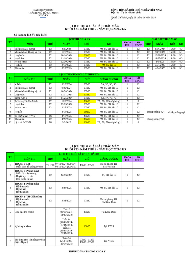 Lich Thi-Feedback-Hop Y2 (Y23) - Chinh Thuc | PDF