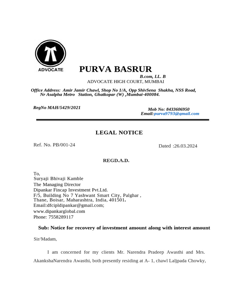 Legal Notice - Dipankar Fincorp | PDF | Cheque | Banks