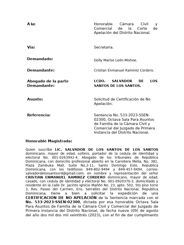 Solicitud de Certificacion de No Apelacion DN | PDF | Apelación | Ley politica