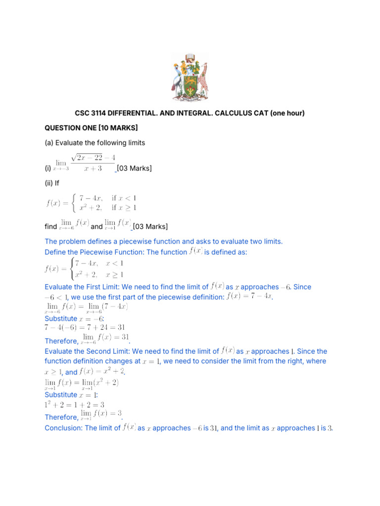 2024.-. - CSC 3114 - Differential & Integral Calculus - CAT | PDF | Function (Mathematics ...