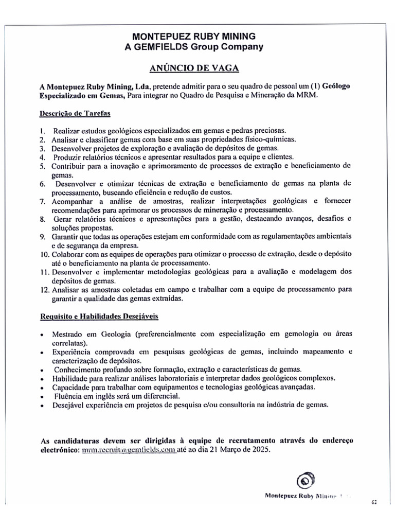 Vagas Na Montepuez Ruby Mining, Lda | PDF