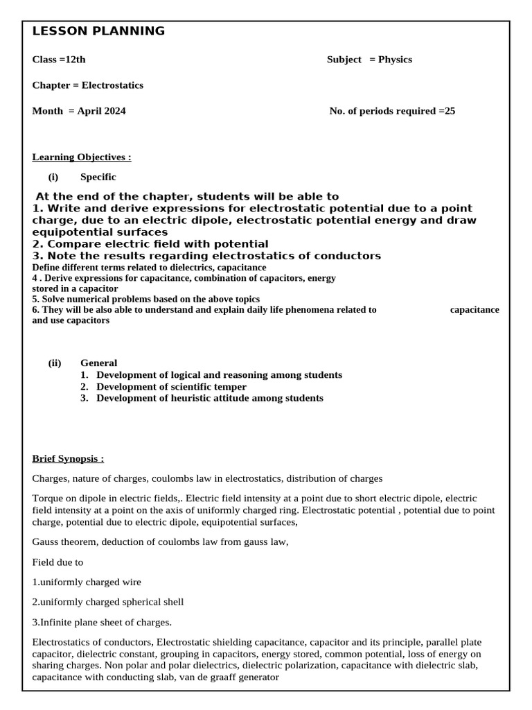 Class 12 Physics Lesson Plan: Electrostatics | PDF | Capacitance ...