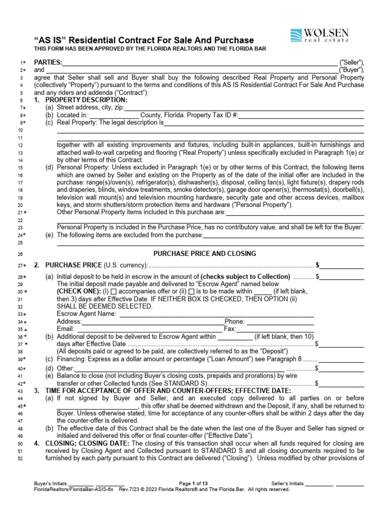 Florida AS IS Residential Contract Guide | PDF | Title Insurance ...