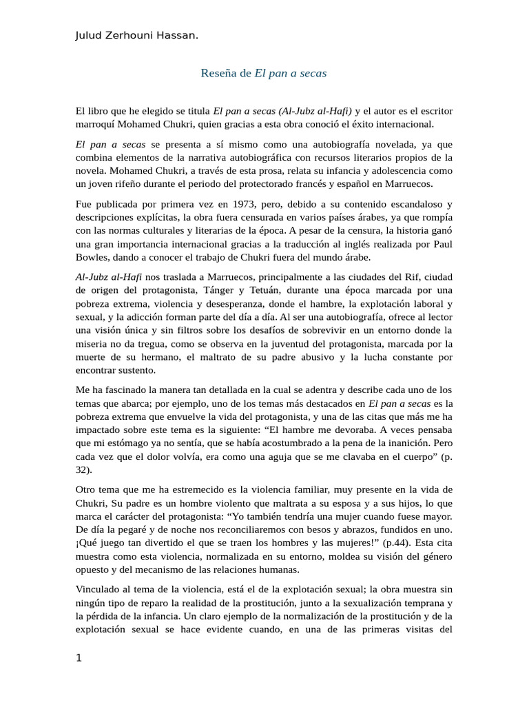 Reseña de "El pan a secas" de Chukri | PDF