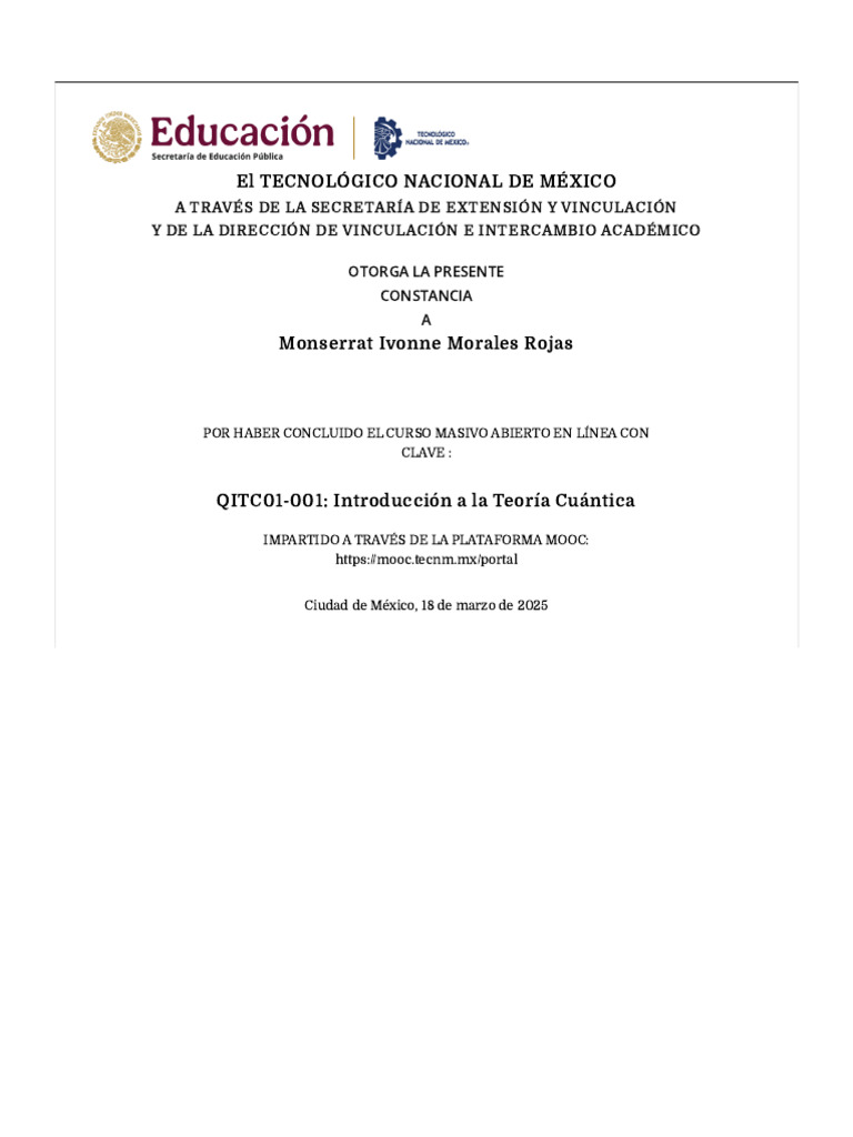 Certificado TecNM QITC01-001 - Cursos MOOC TecNM 2025 | PDF