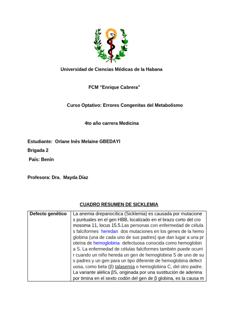 Cuadro Resumen de Sicklemia | PDF | Especialidades Medicas ...