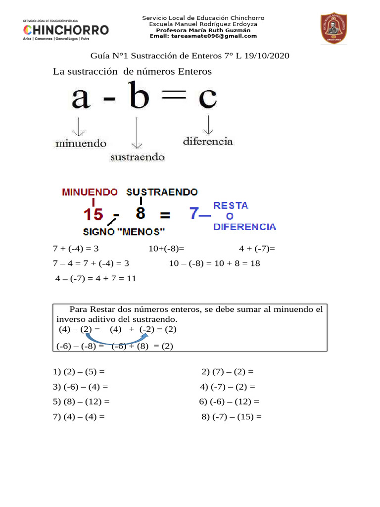 Guía N°1 Sustracción de Enteros. | PDF