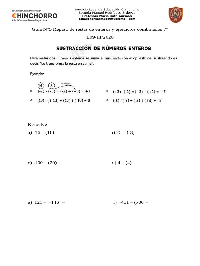 Guía N°5 Repaso de Restas y Ejercicios Combinados | PDF