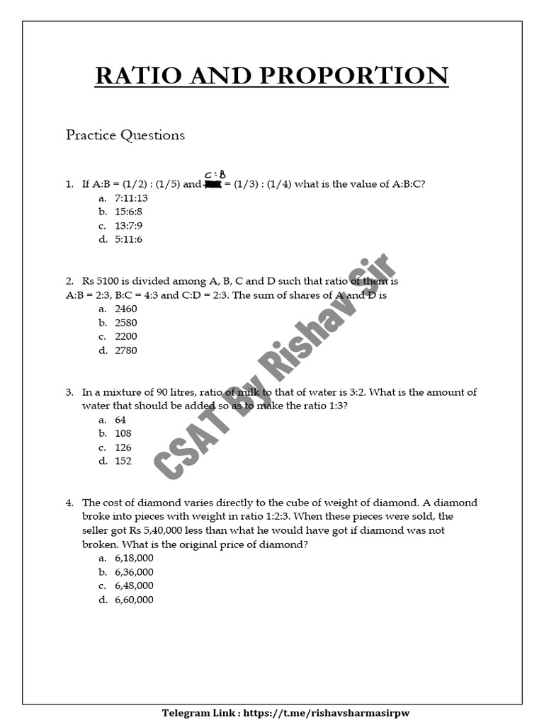 Ratio and Proportion Practice Questions | PDF | Ratio | Arithmetic