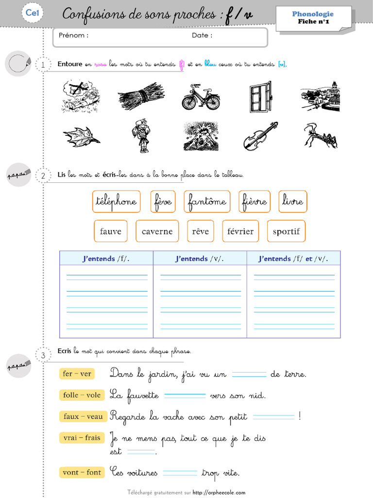 Exercice sur les sons f et v | PDF