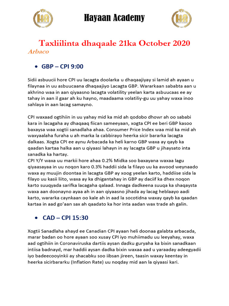 Taxliilinta Dhaqaale 21 Ka October Arbaco | PDF