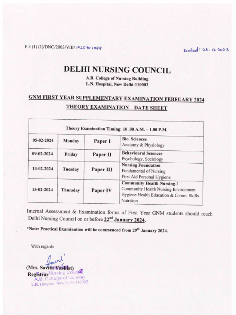 Date Sheet GNM First Year Feb2024 | PDF