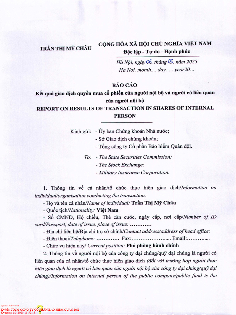 MIG - Bao Cao Ket Qua Giao Dich Quyen Mua Co Phieu - Tran Thi My Chau (Ban Rut Gon) | PDF