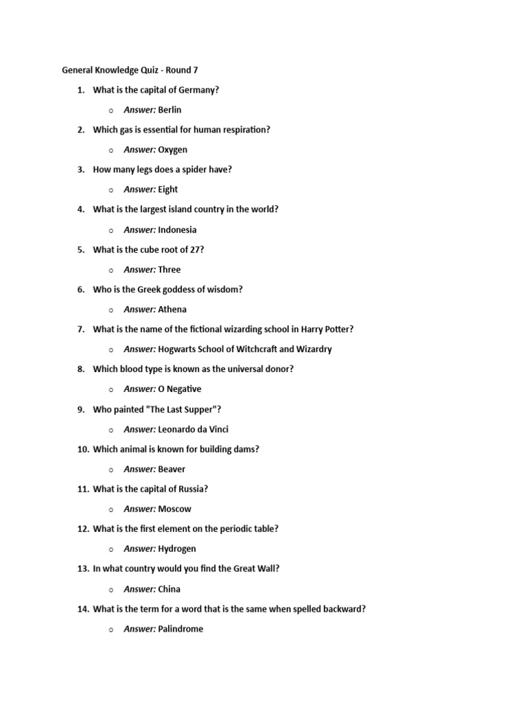General Knowledge Quiz Round 7 | PDF