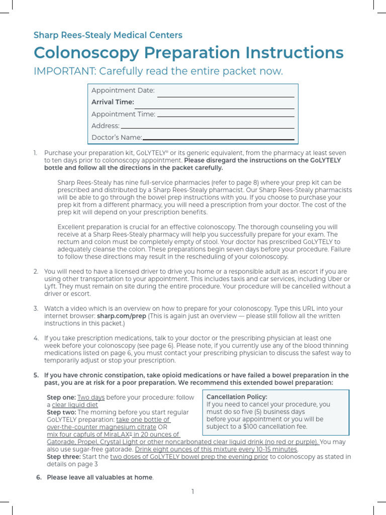 Colonoscopy Preparation Instructions | PDF | Colonoscopy | Pharmacy