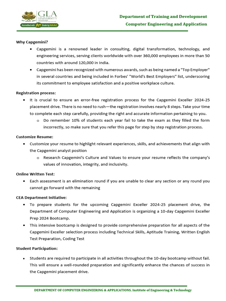 Capgemini Exceller Prep Key Points To Be Shared With Students | PDF | Social Psychology | Business
