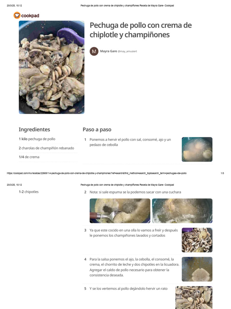Pechuga de Pollo Con Crema de Chiplotle y Champiñones Receta de Mayra Gare - Cookpad | PDF ...