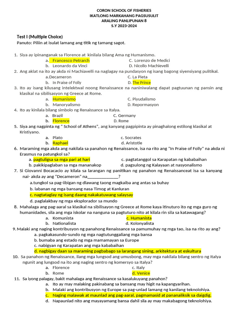 AP8 Q3 Exam WITH ANSWER KEY | PDF