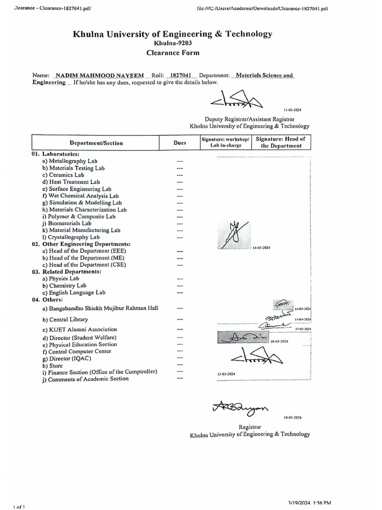 Clearance Sheet | PDF