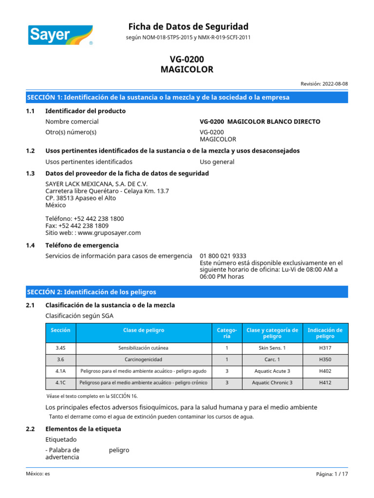 Ficha Seguridad VG-0200 | PDF | Agua | Residuos