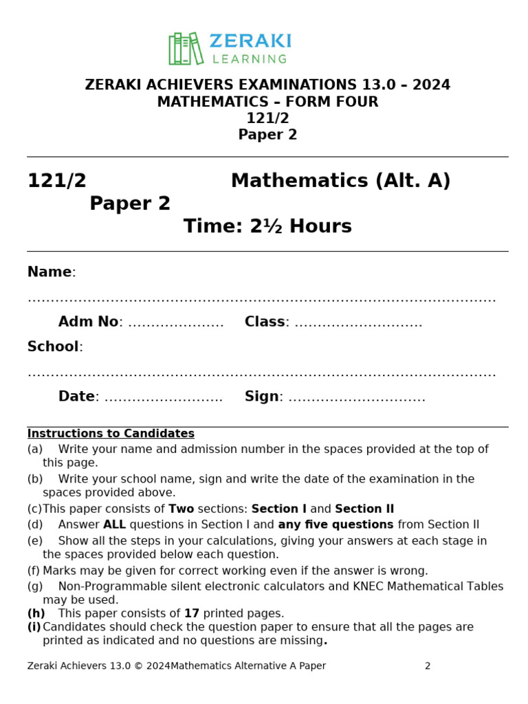 2024 Zeraki Form Four Math Exam Paper | PDF | Velocity | Significant ...