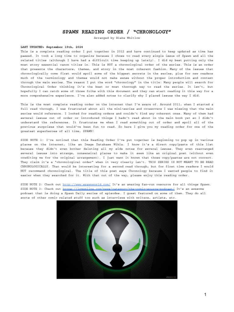 Spawn Reading Order - Chronology | PDF
