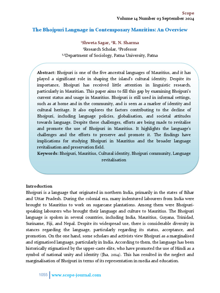 The Bhojpuri Language in Contemporary Mauritius: An Overview | PDF ...