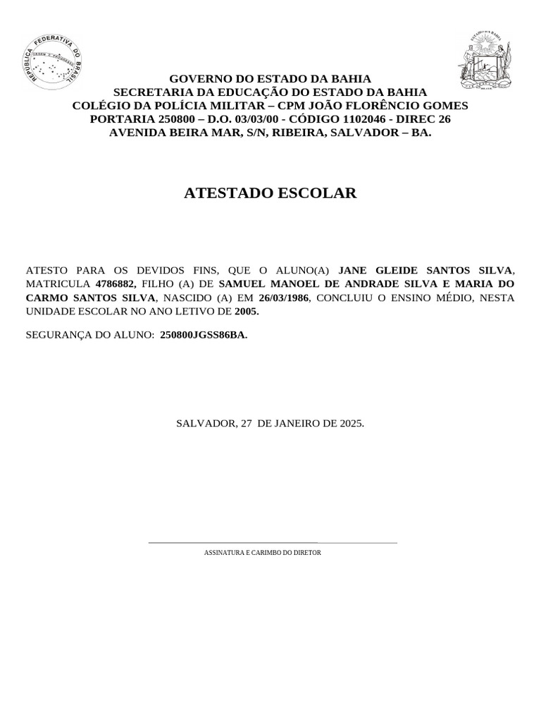 Atestado Escolar - Jane Gleide Santos Silva | PDF