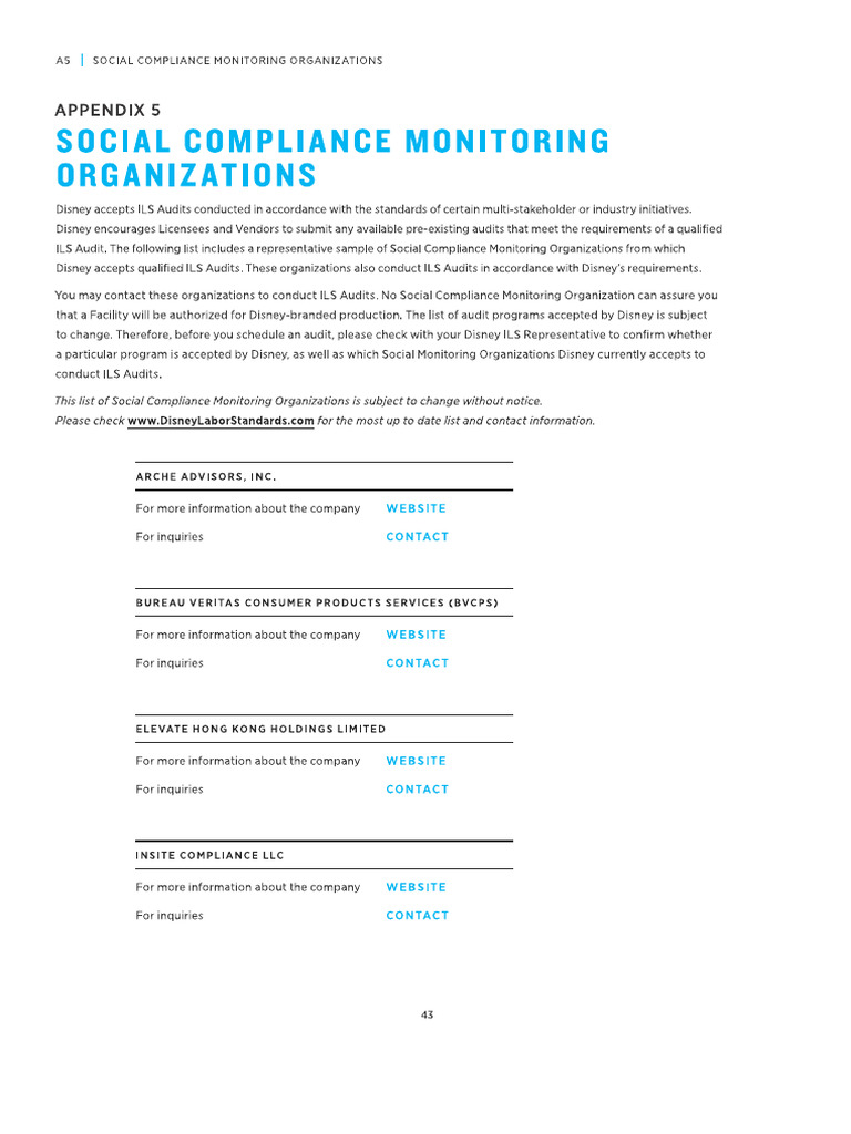 Social Compliance Monitoring Organizations From Disney ILS Manual (2020 ...
