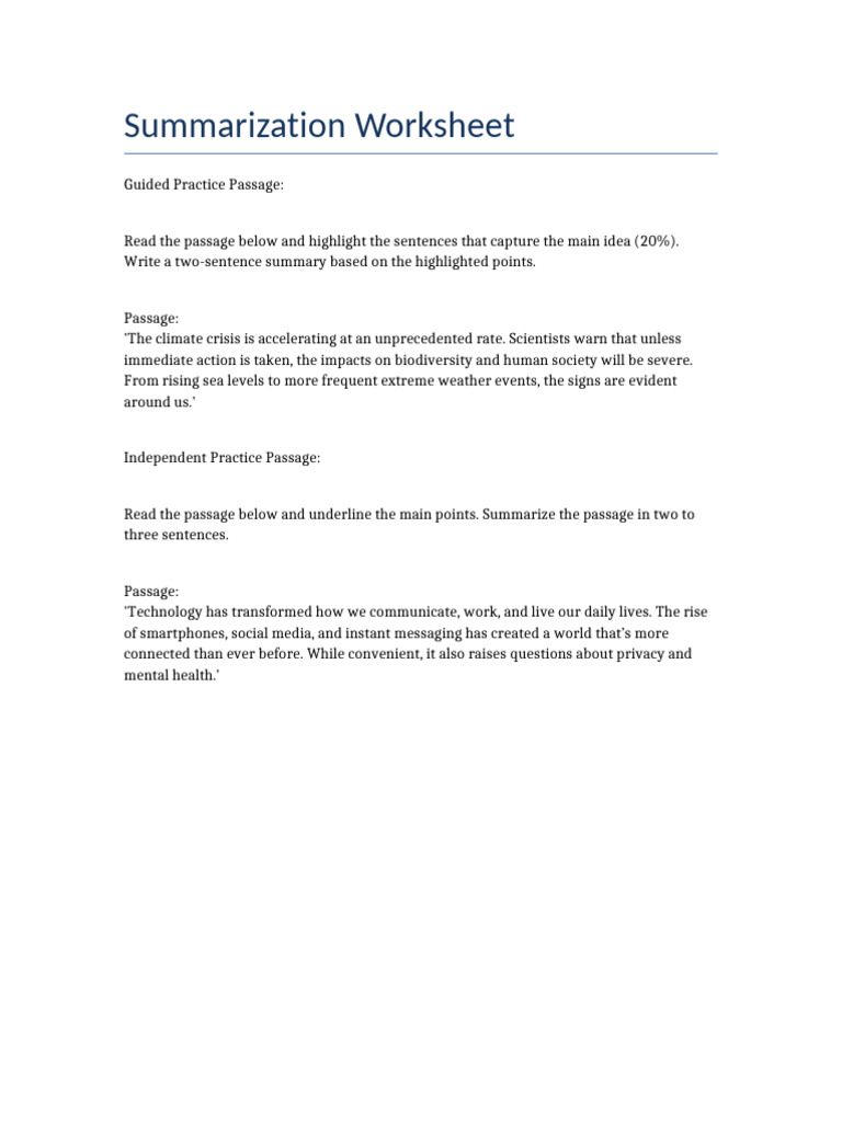 Grade11 English Summarization Worksheet | PDF