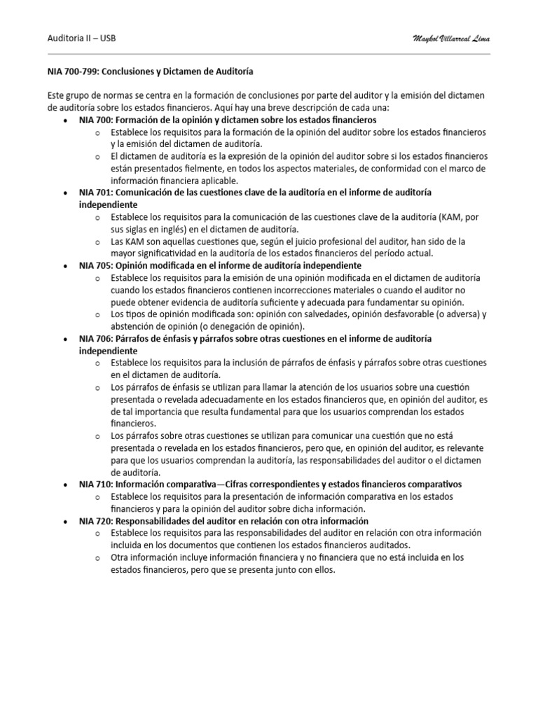 Dictamen de Auditoría NIA 700-799 | PDF | Auditoría | Contralor