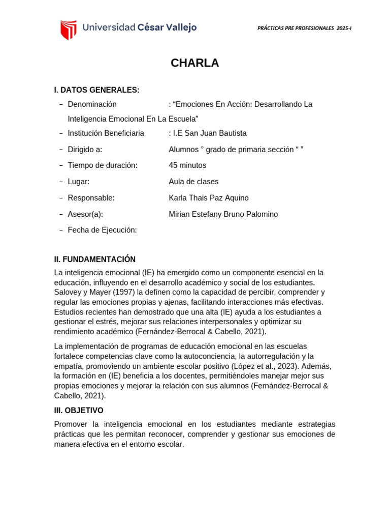 Formato Elaboración de Charla 2025 | PDF | Las emociones | Inteligencia emocional