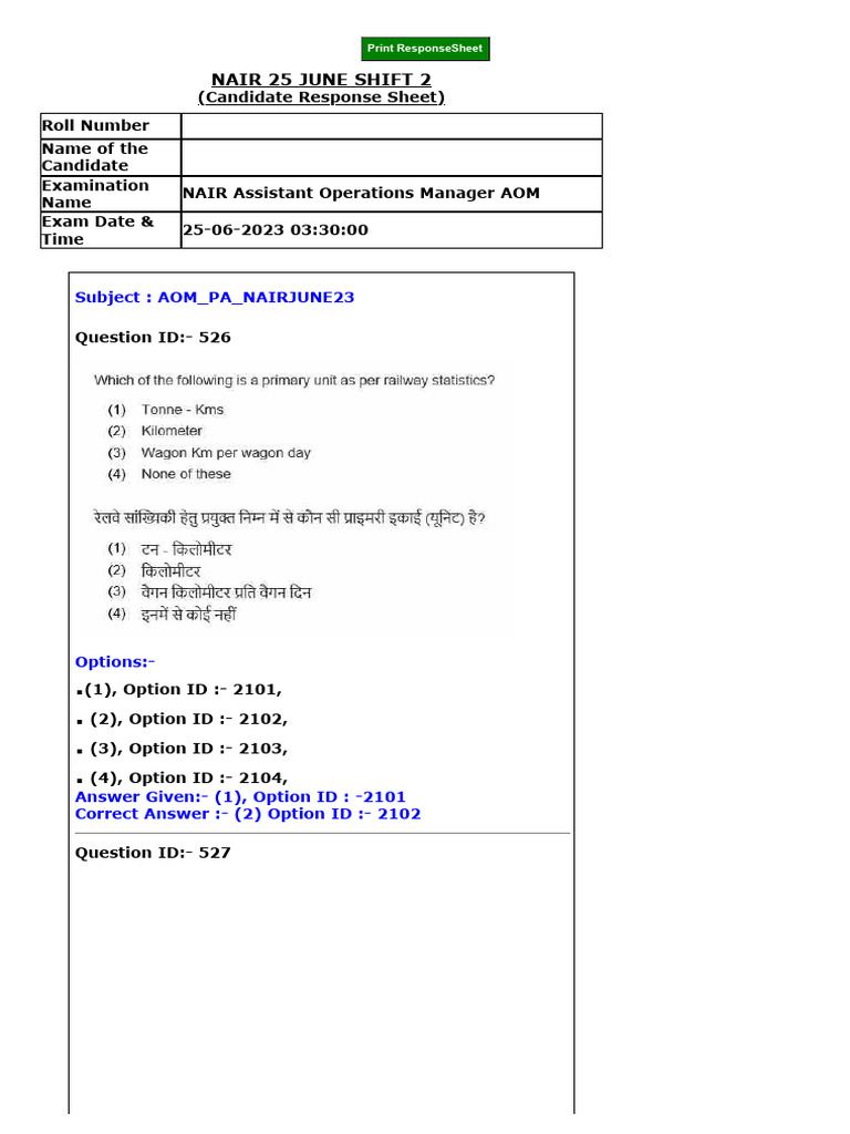 NAIR AOM Exam Response Sheet 2023 | PDF | Qualifications | Tests
