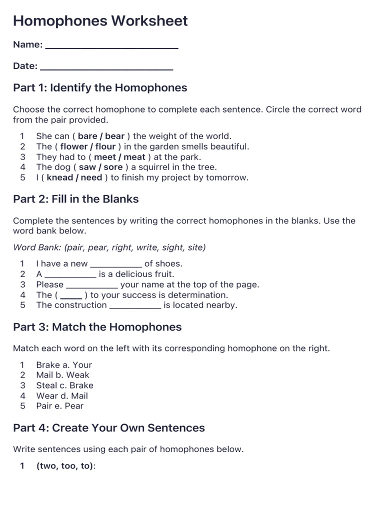 Worksheet On Homophones | PDF