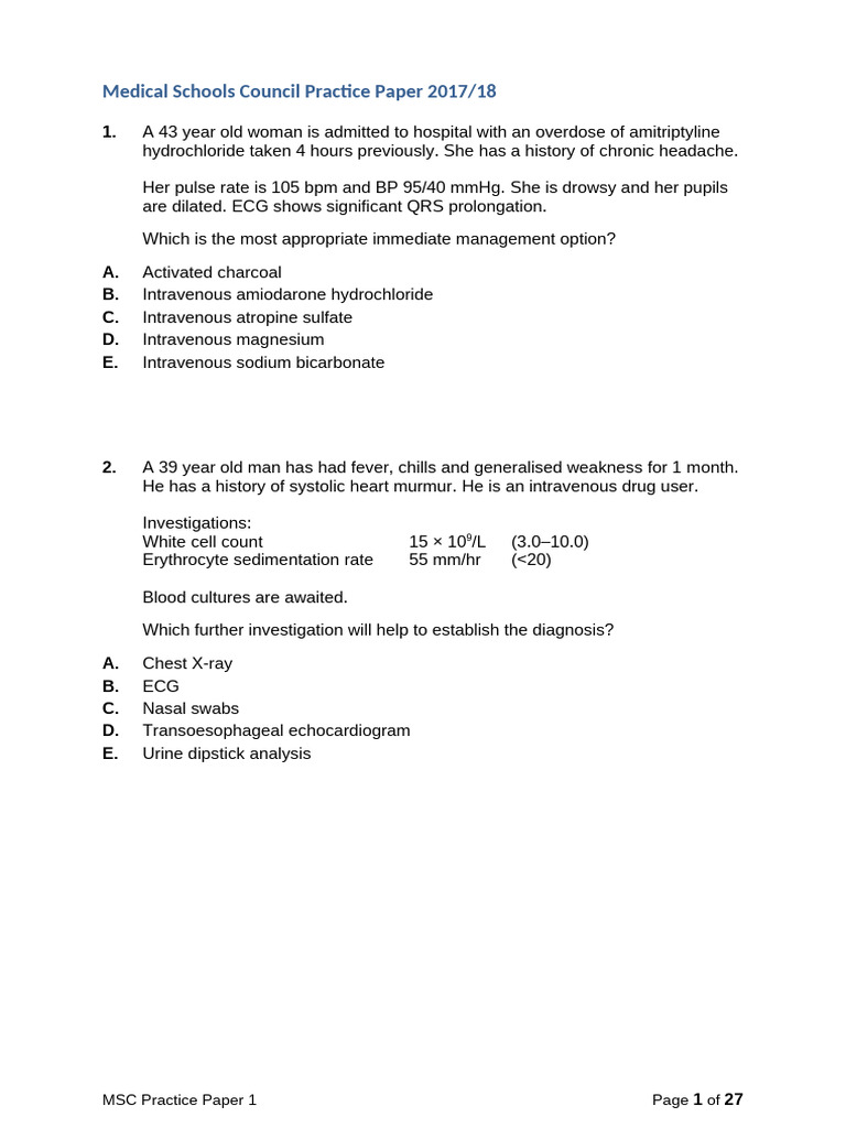 MSCAA Practice Paper 1 (NO Answers) | PDF | Clinical Medicine | Medical ...