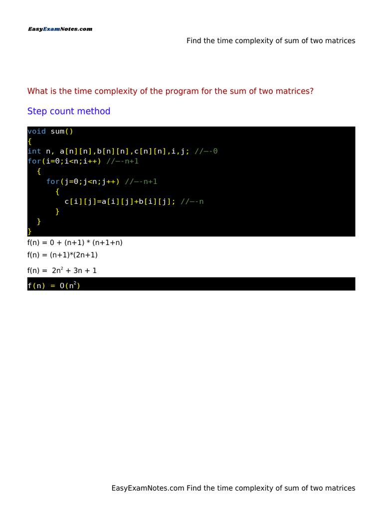 Find The Time Complexity of Sum of Two Matrices | PDF