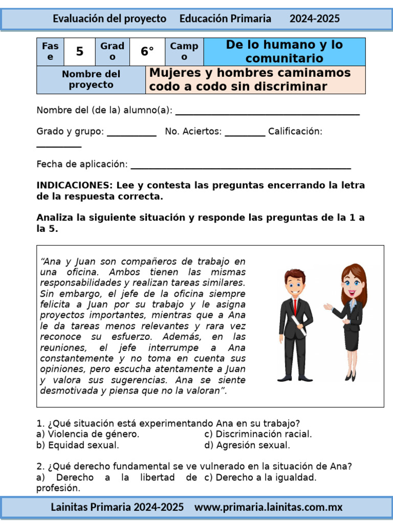 6to Grado Marzo - Examen 02 Mujeres y Hombres Caminamos Codo A Codo Sin Discriminar (2024-2025 ...