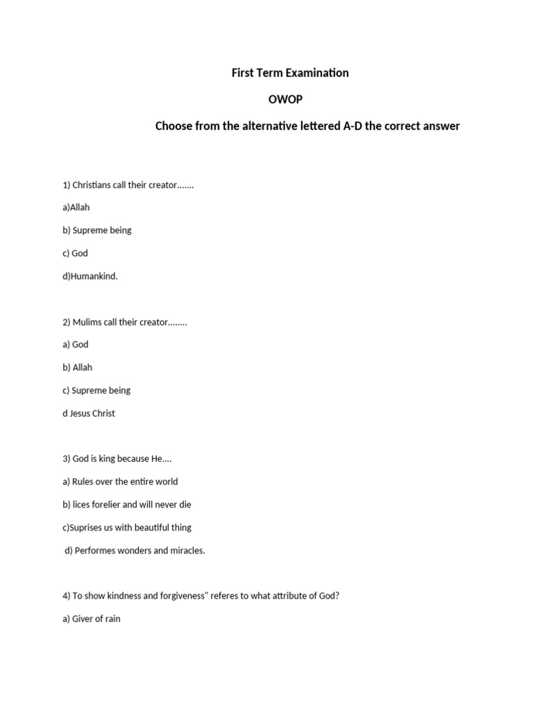First Term Exam-WPS Office(Owop Class Six) | PDF | Religious Belief And ...
