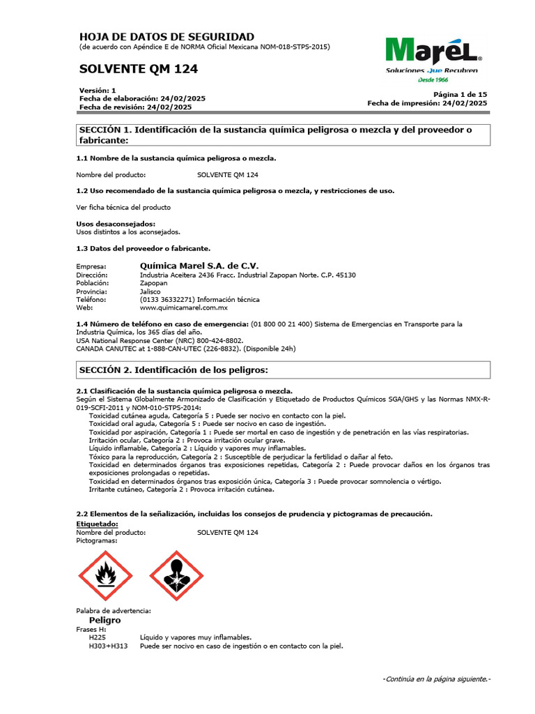 Hoja de Seguridad: Solvente QM 124 | PDF | Química