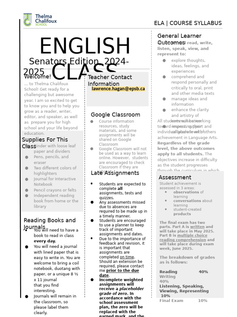 ELA Course Syllabus 24 - 25 | PDF | Academic Dishonesty | Teachers