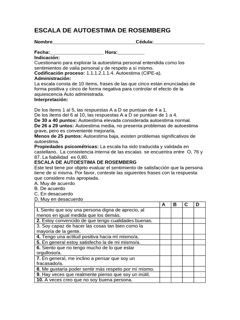 Escala de Autoestima de Rosenberg: Test y Resultados | PDF