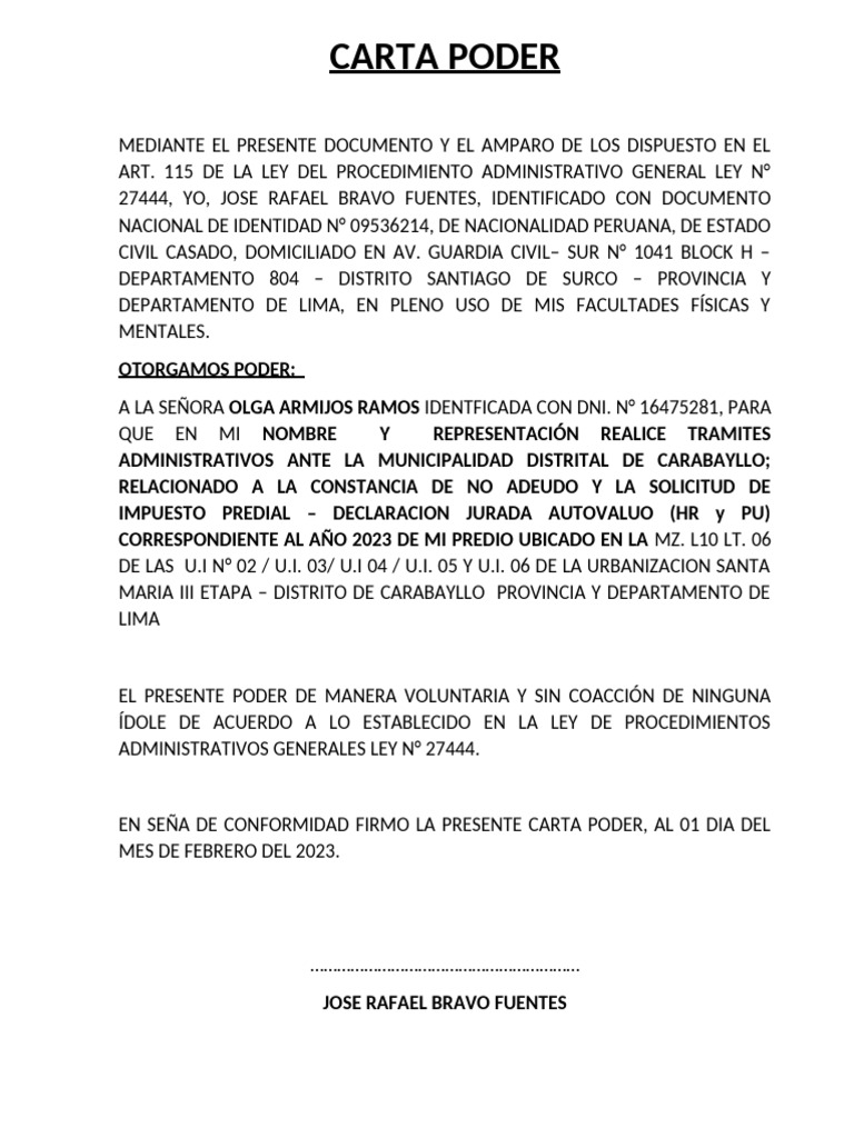 Carta Poder para Trámites Administrativos | PDF