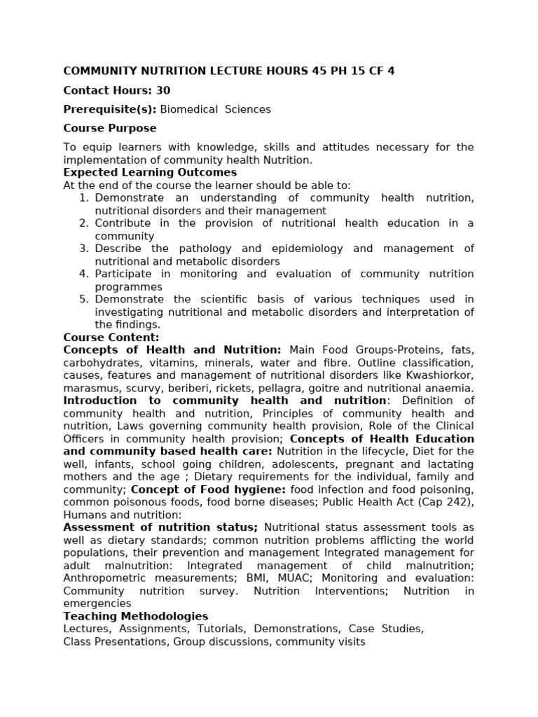 Community Nutrition Course Outline | PDF | Dietitian | Malnutrition